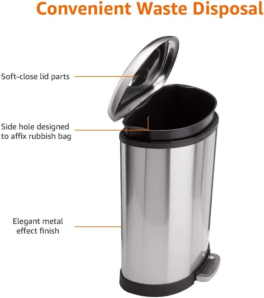 Amazon Basics 50L Stainless Steel Pedal Rubbish Waste Bin D Shape ...