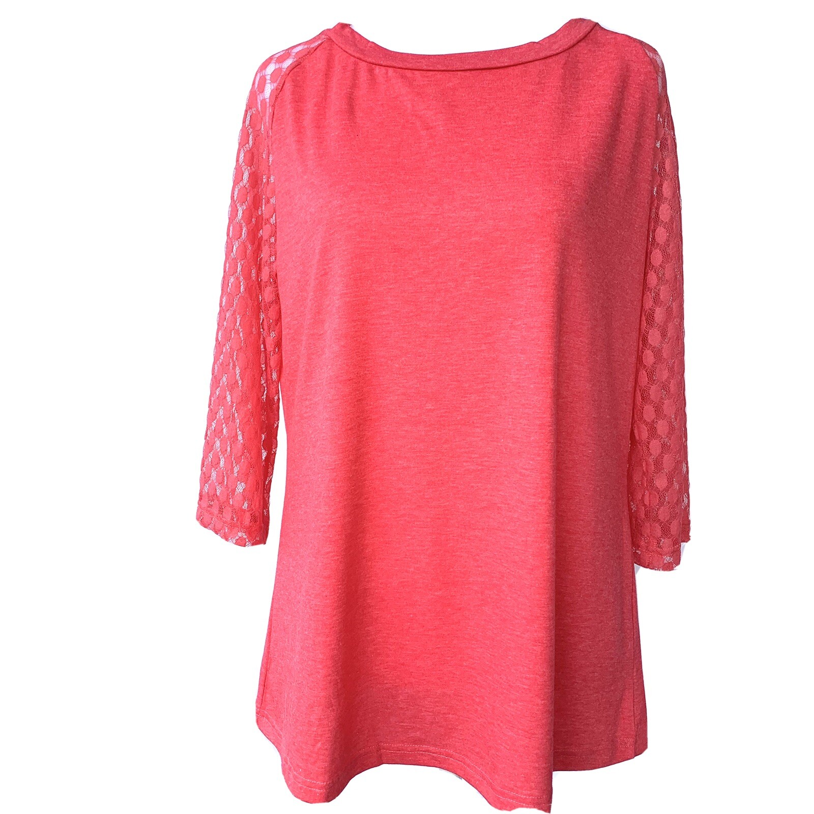 Womens M Coral Pink Heathered 3/4 Lace Sleeve, Round Neck Top NWT | eBay