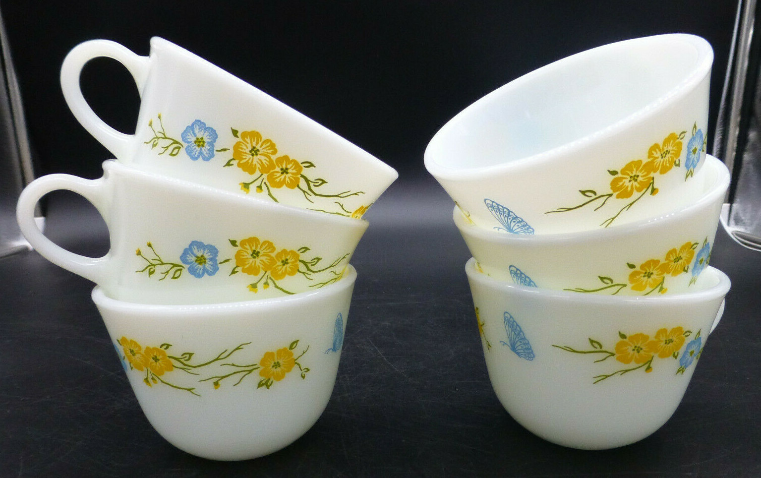 6 Vintage Pyrex Flirtation Yellow Blue Flowers Butterfly Cups & Corelle ...