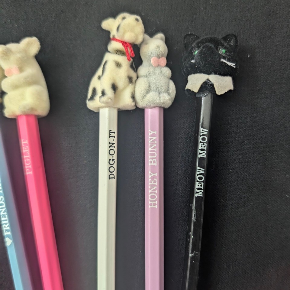 Vintage 80's Novelty Pencils w Topper Flocked Goose Pig Dog Rabbit Cat ...