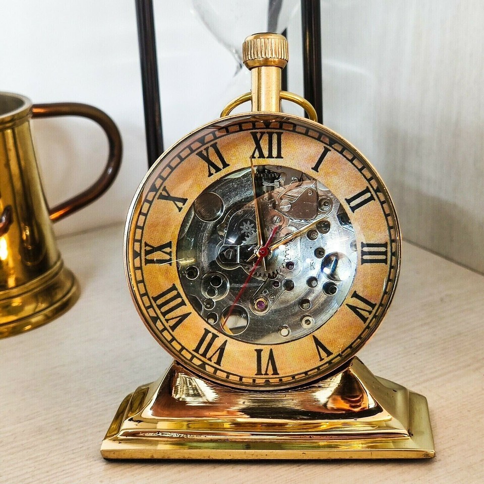 Shiny Brass Trophy Desk Clock Mechanical Vintage Table Top Decorative ...