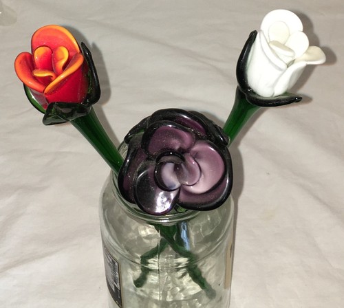 Lot of 3 Hand Blown Glass Roses Flowers Green Stem 12" Art Glass (See ...