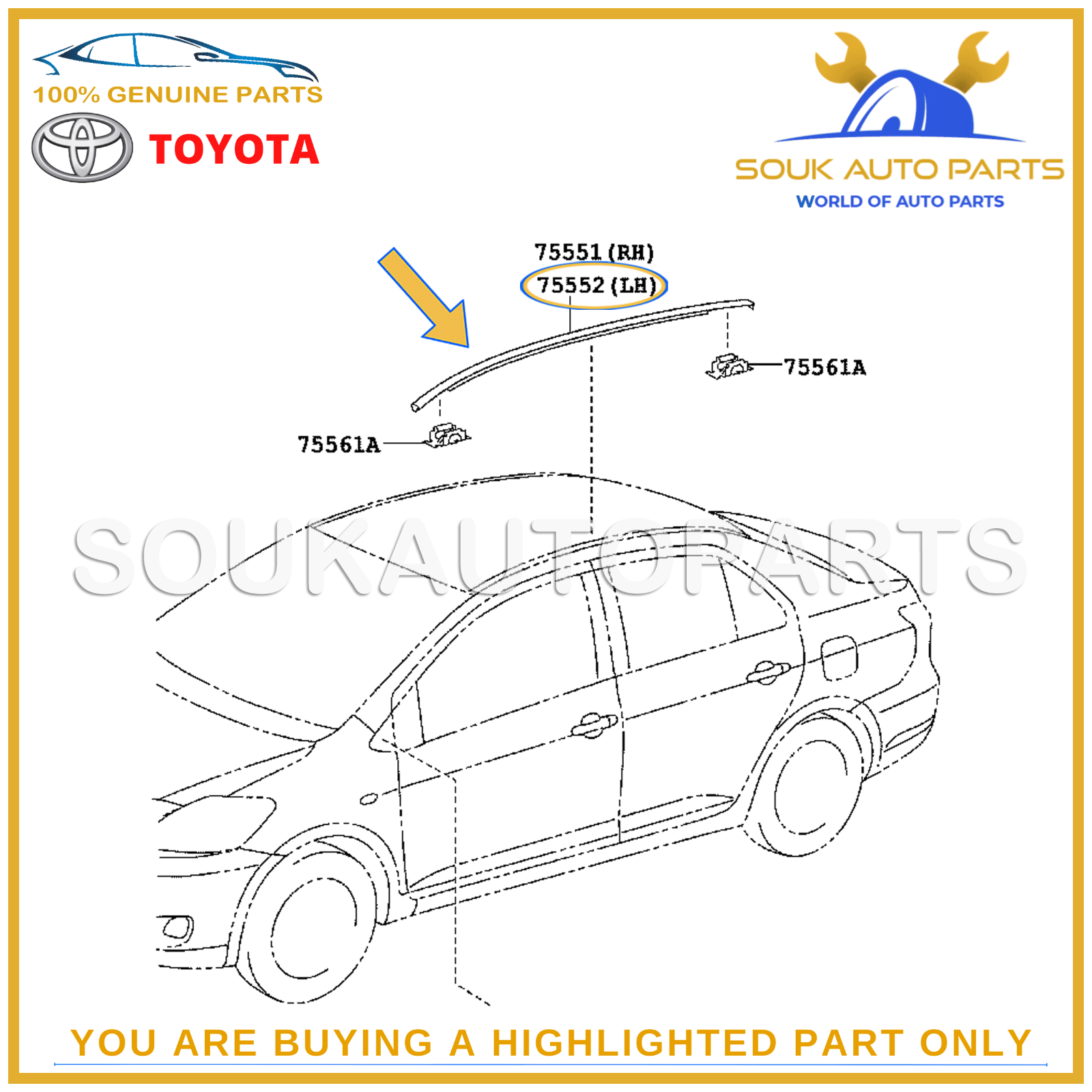 75552-52140 Toyota GENUINE MOULDING, ROOF DRIP SIDE FINISH, LH ...