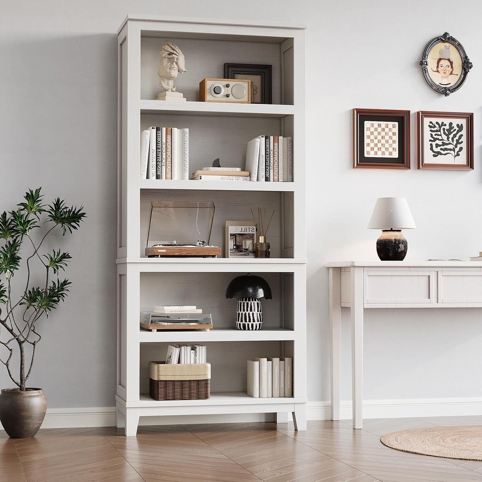 Bookshelf 5-Tier Wooden Bookcase with 3 Adjustable Shelf Floor Standing ...