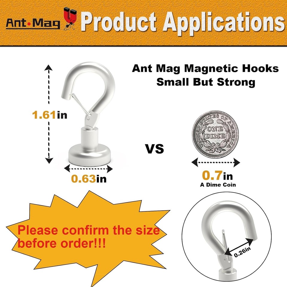Ant Mag Magnetic Hooks Heavy Duty with Snap 22lbs Strong EL16 10 Pack ...