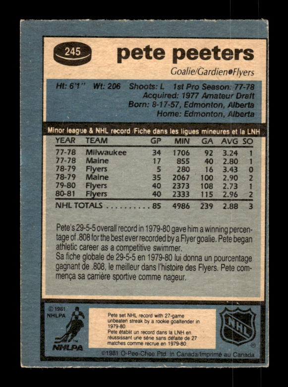 1981-82 O Pee Chee # 245 Pete Peeters Autograph Signed Card ...