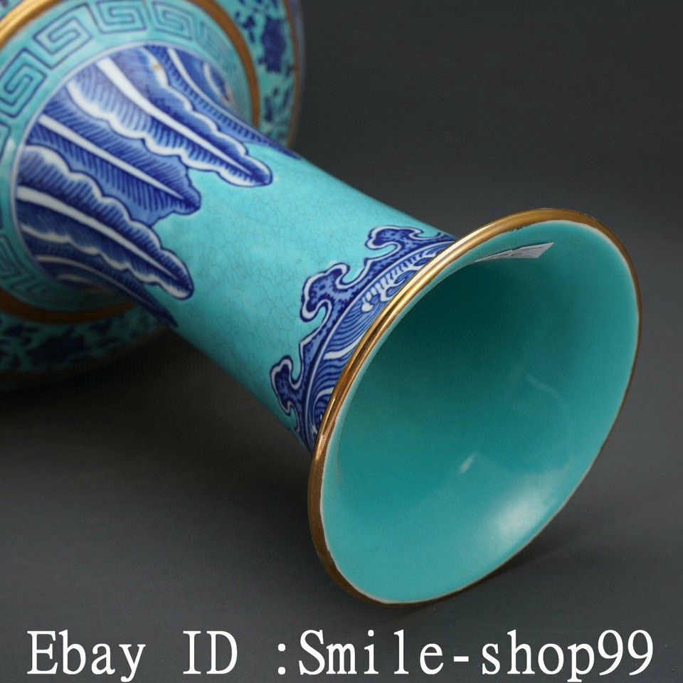 15.7 "Old Qing Dynasty Blue White Porcelain Gild Flower Pattern Vase ...