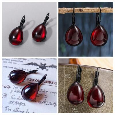 Vamp Goth Glam Blood Drop Red Crystal Cabochon Earrings Black Metal ...