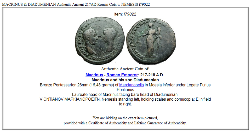 MACRINUS & DIADUMENIAN Authentic Ancient 217AD Roman Coin w NEMESIS ...