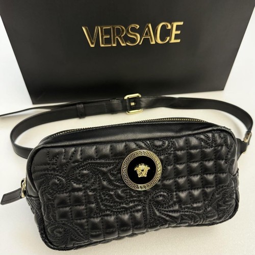 Versace Quilted Body Bag Black Crossbody Pouch Medusa Logo Luxury Rare ...