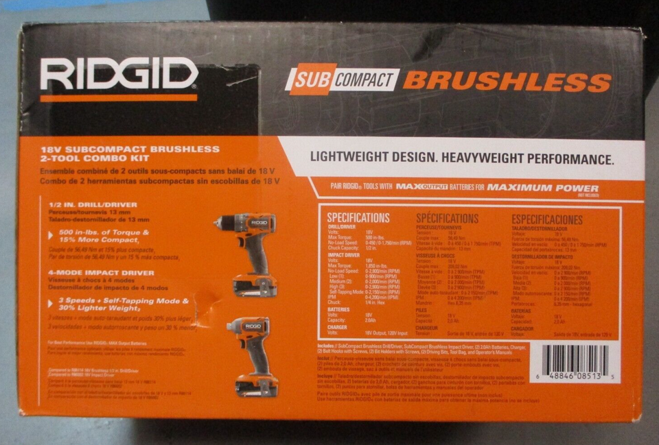 RIDGID 18V Subcompact Brushless 2-Tool Combo Kit w/ Batt & Charger ...