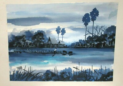 PAYAB PHILIPPINE RIVER VILLAGE ORIGINAL WATERCOLOR LANDSCAPE PAINTING ...