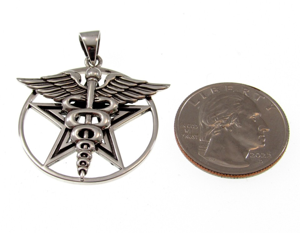 Solid 925 Sterling Silver Pentacle Star w/Caduceus Pendant Healing ...
