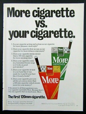 1976 MORE Cigarettes Magazine Ad - The First 120mm Cigarette. | eBay