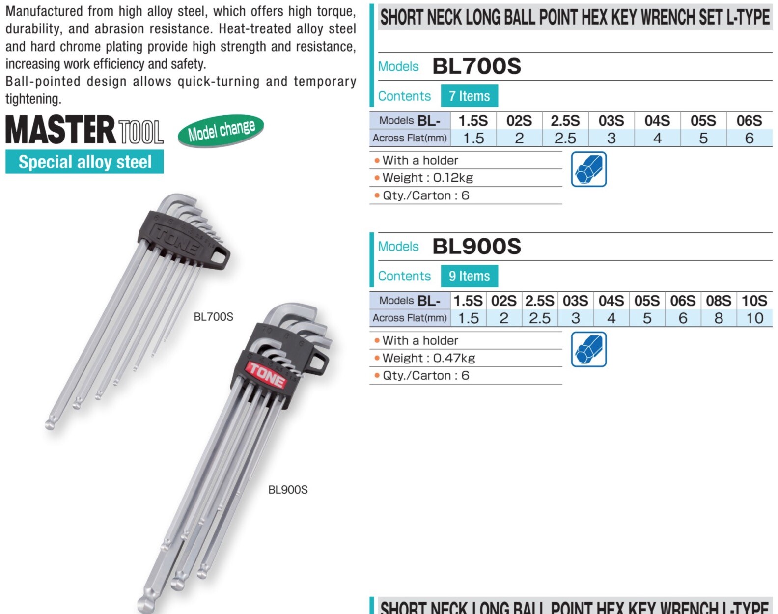TONE Short Neck Long Ball Point Hex Key Wrench Set L-Type BL900S 9 ...