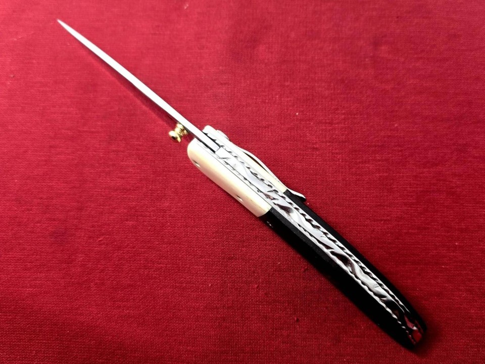 CUSTOM FOLDING KNIFE ATS 4034 STEEL Handmade Ostrich tibia Ebony Wood ...