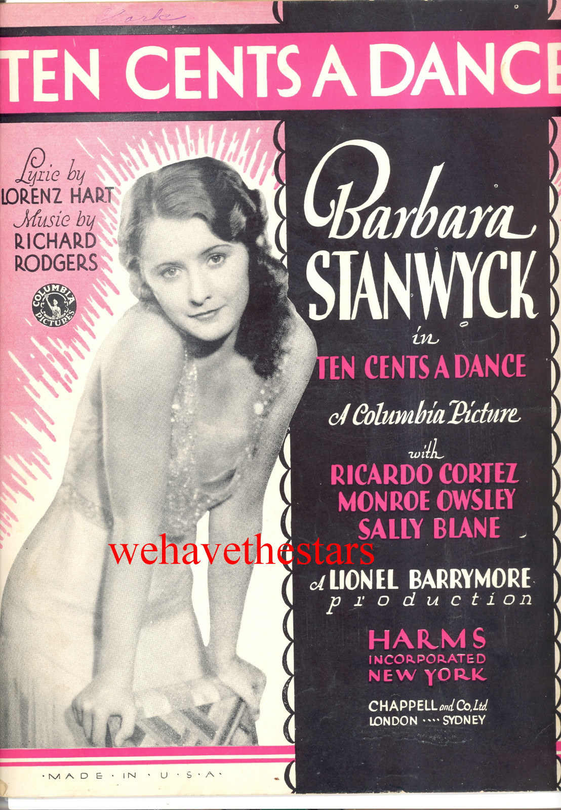 TEN CENTS A DANCE Sheet Music "Ten Cents A Dance" Barbara Stanwyck Pre ...