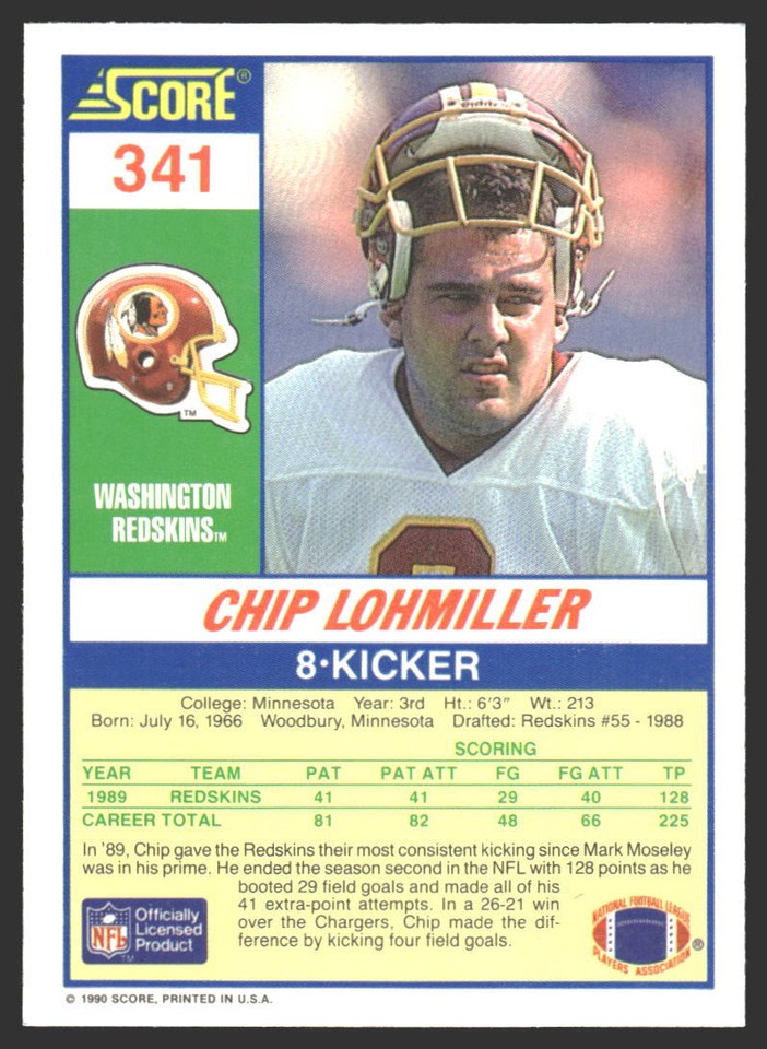 Chip Lohmiller #341 1990 Score Washington Redskins | eBay