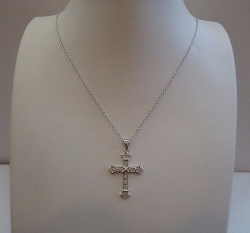 STERLING SILVER CROSS NECKLACE PENDANT W/ .75 cts LAB CREATED DIAMONDS ...