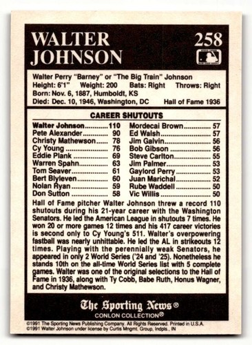 1991 Conlon Collection - The Sporting News - WALTER JOHNSON -- Trading ...