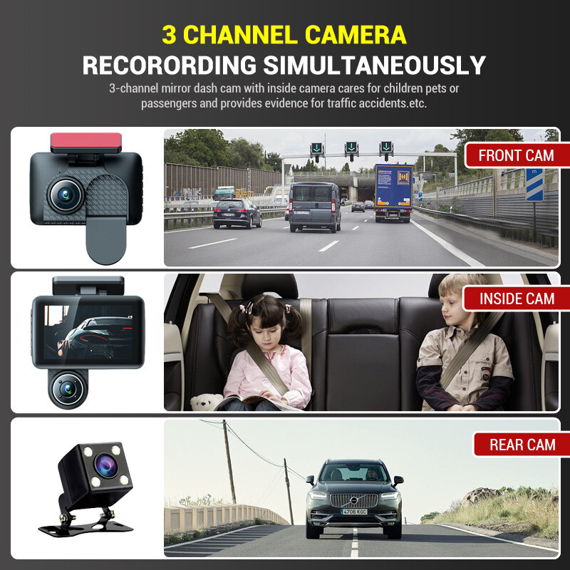 V5 1080P 3-Channel Car DVR Dash Cam Video Recorder Front Inside Rear ...