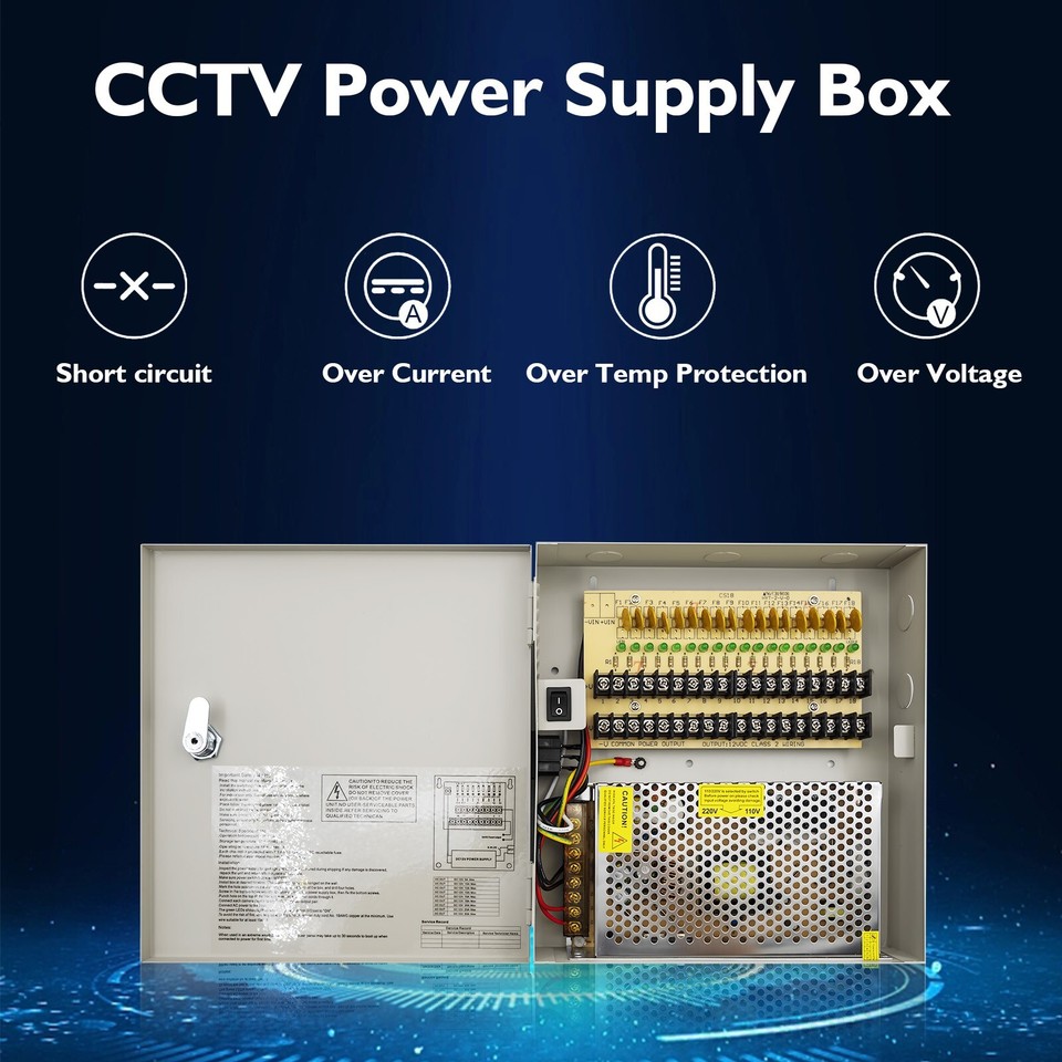 18 CH CCTV Power Supply Box DC 12V 10A fit CCTV DVR Security System and ...