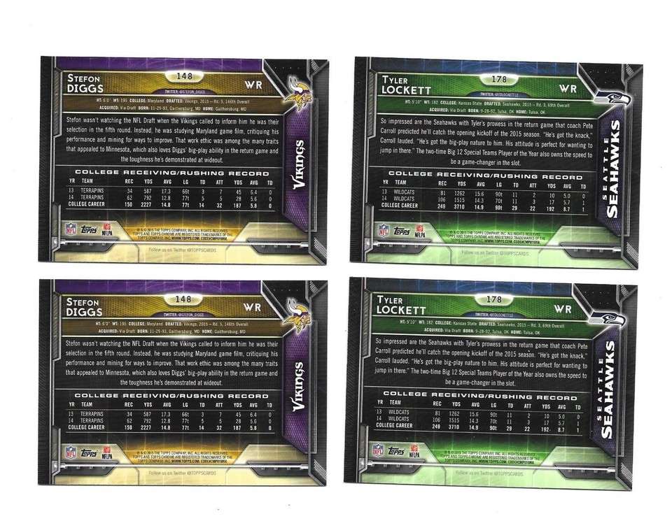 2015 CHROME #148 STEFON DIGGS + #178 TYLER LOCKETT ROOKIE CARD LOT PACK ...
