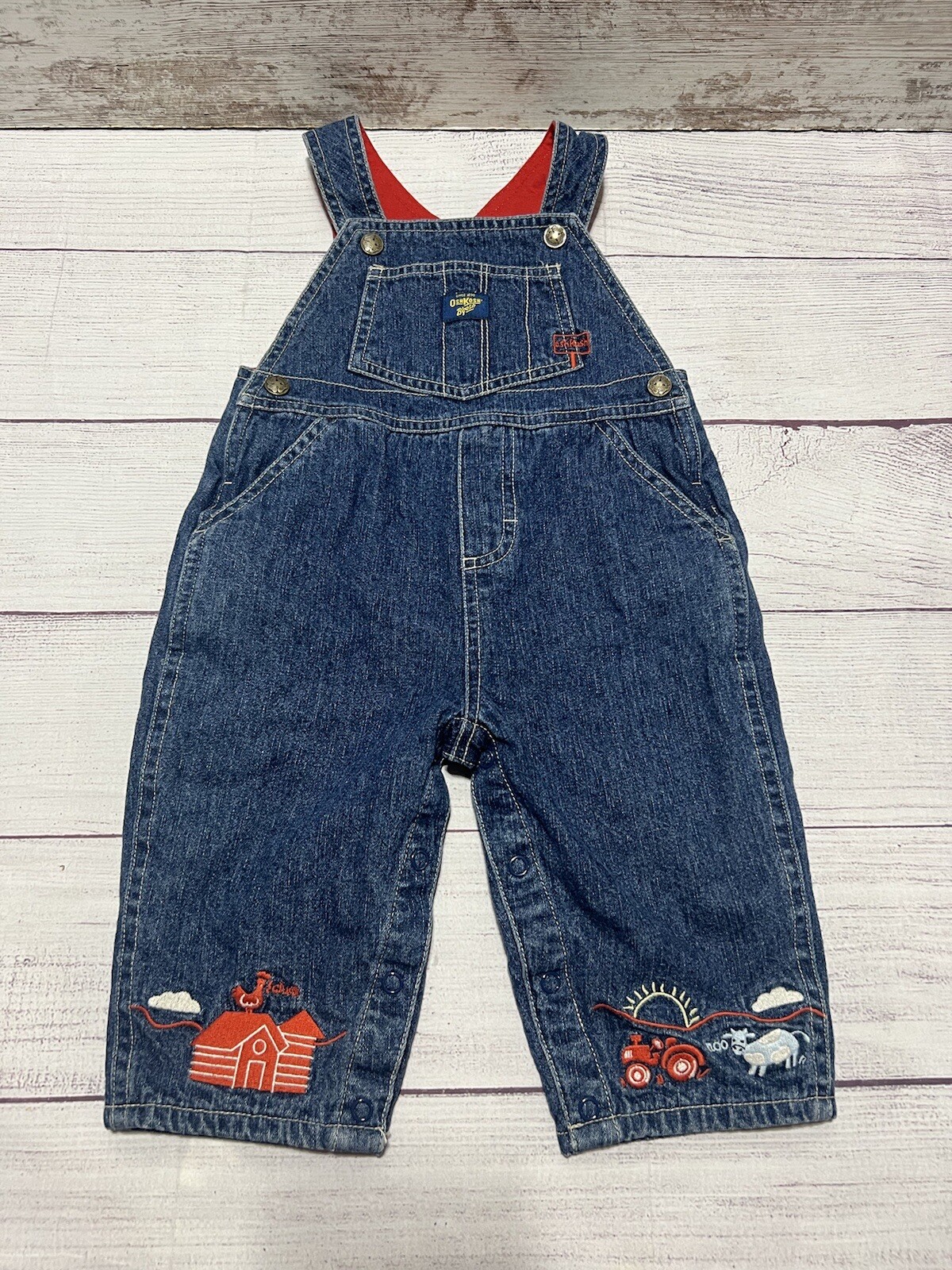 Oshkosh Bgosh Denim Lined Overalls Size 12 Mo Farm Cow Chicken Barn ...