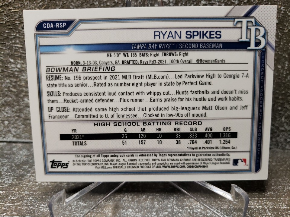 2021 Bowman Chrome 1st Ryan Spikes Prospect Autograph Auto RC Rookie ...