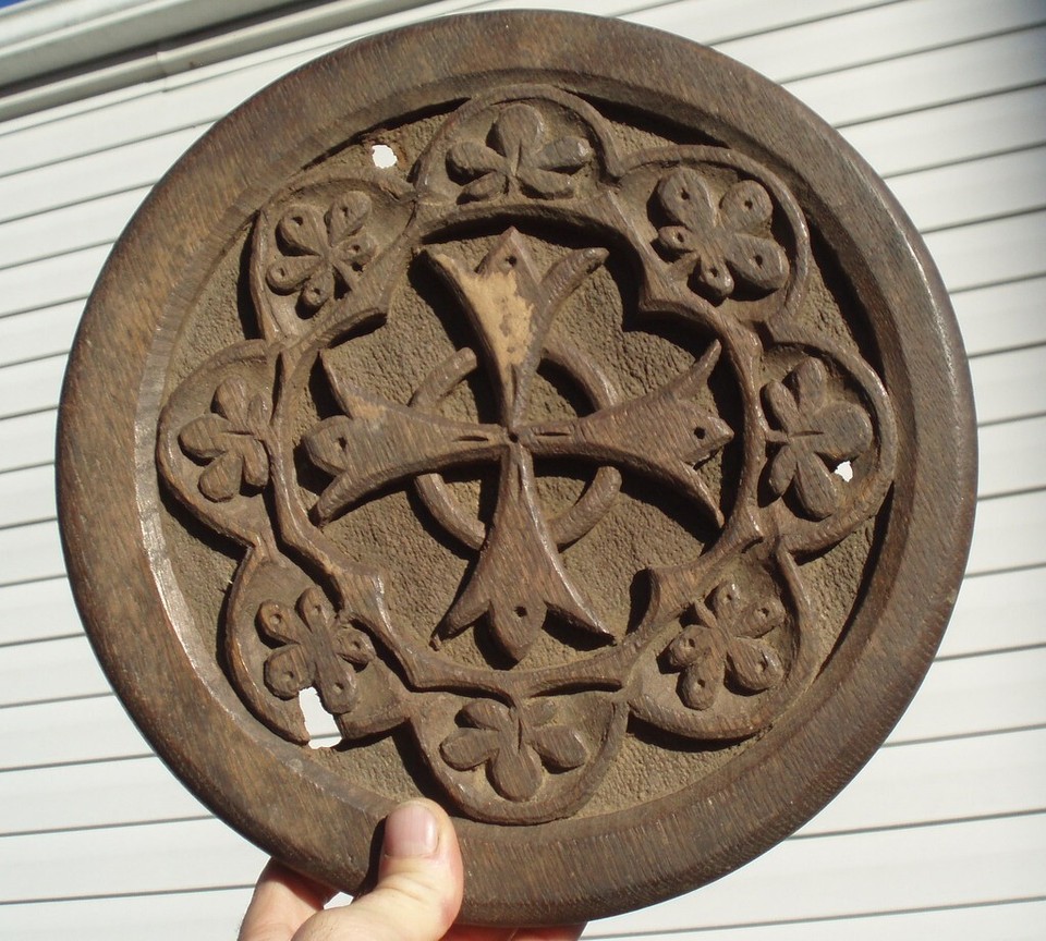 PRIMITIVE OLD ANTIQUE RELIGIOUS WOOD PLAQUE SIGN CROSS MASONIC TEMPLAR ...