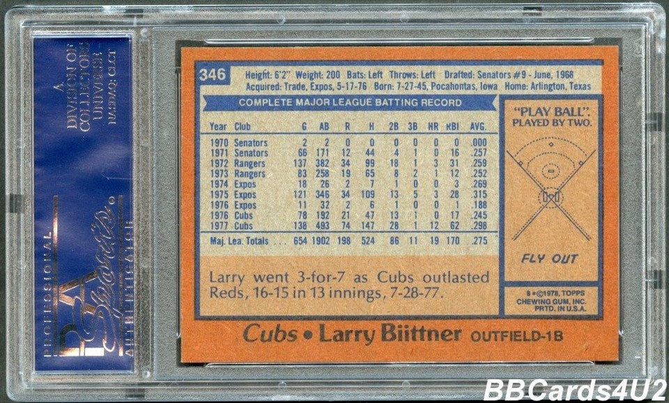 1978 Topps #346 LARRY BIITTNER PSA 10 GEM MINT Very Low Pop 1/13! Cubs ...