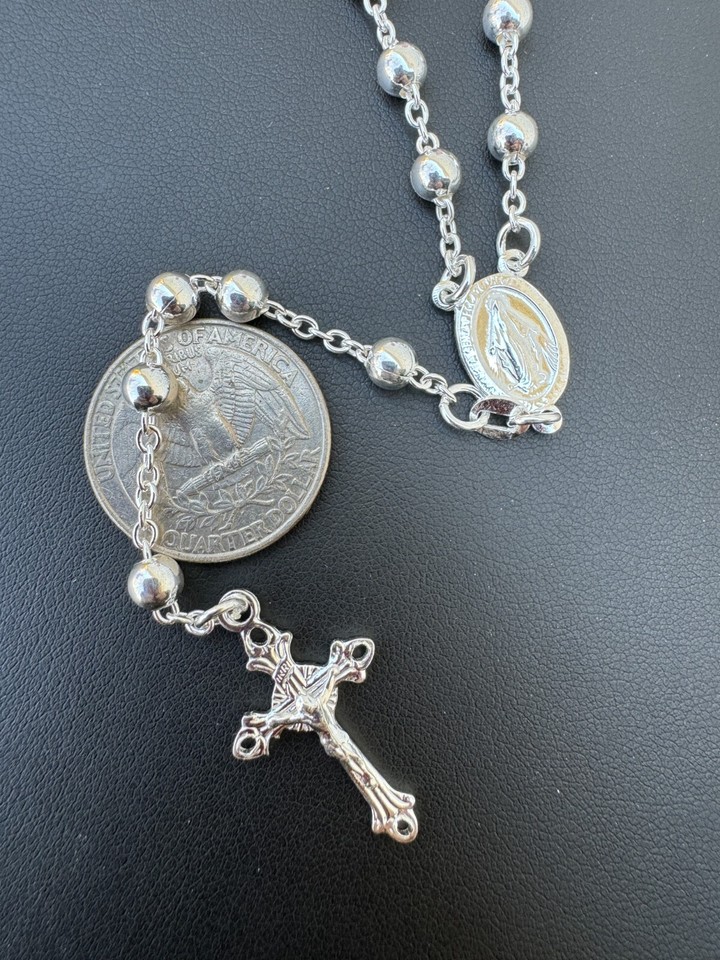 Men's 30" Long Rosary Beads Necklace Solid 925 Sterling Silver Rosario ITALY 5mm | eBay