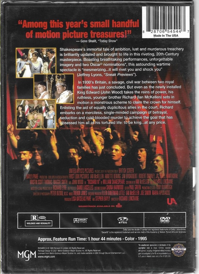 RICHARD III (1995) DVD Annette Bening IAN McKELLEN Robert Downey Jr ...