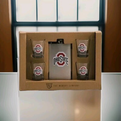 OHIO STATE BUCKEYES STAINLESS STEEL 8 oz FLASK & 4 SHOT GLASS SET NIP ...