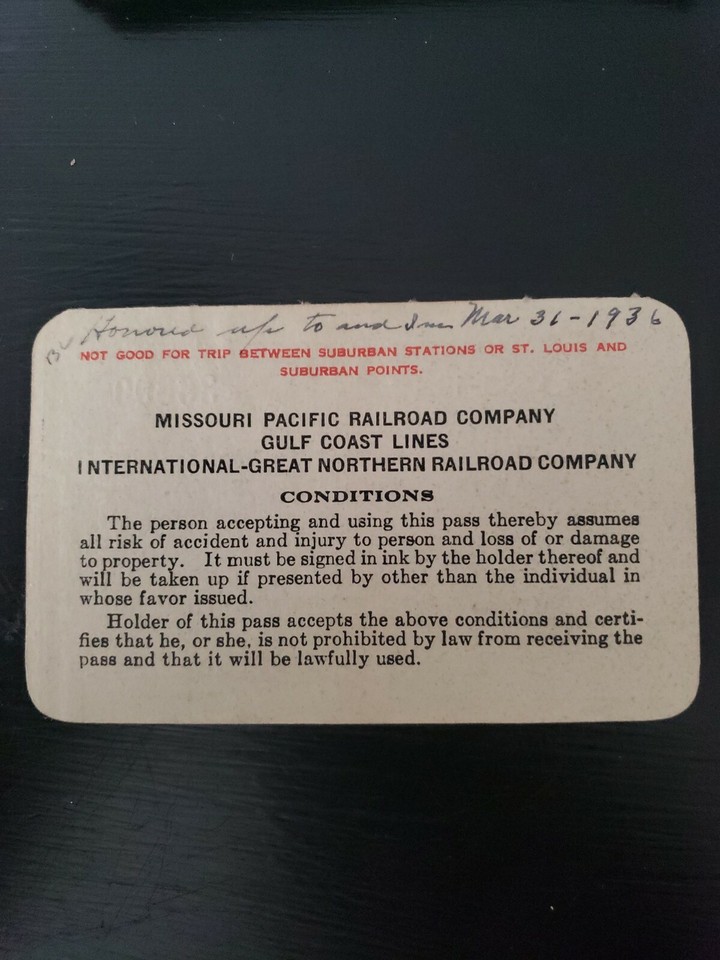 Vintage Rare 1933 1934 Missouri Pacific Railway Railroad Pass Ticket | eBay