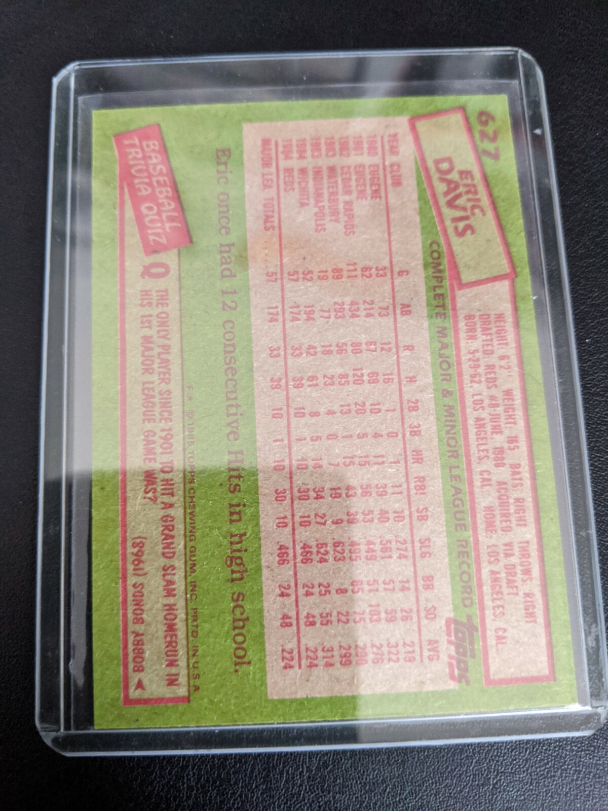 1985 Topps Eric Davis Rookie Card #627 Very Nice! Rare! RC Cincinnati ...