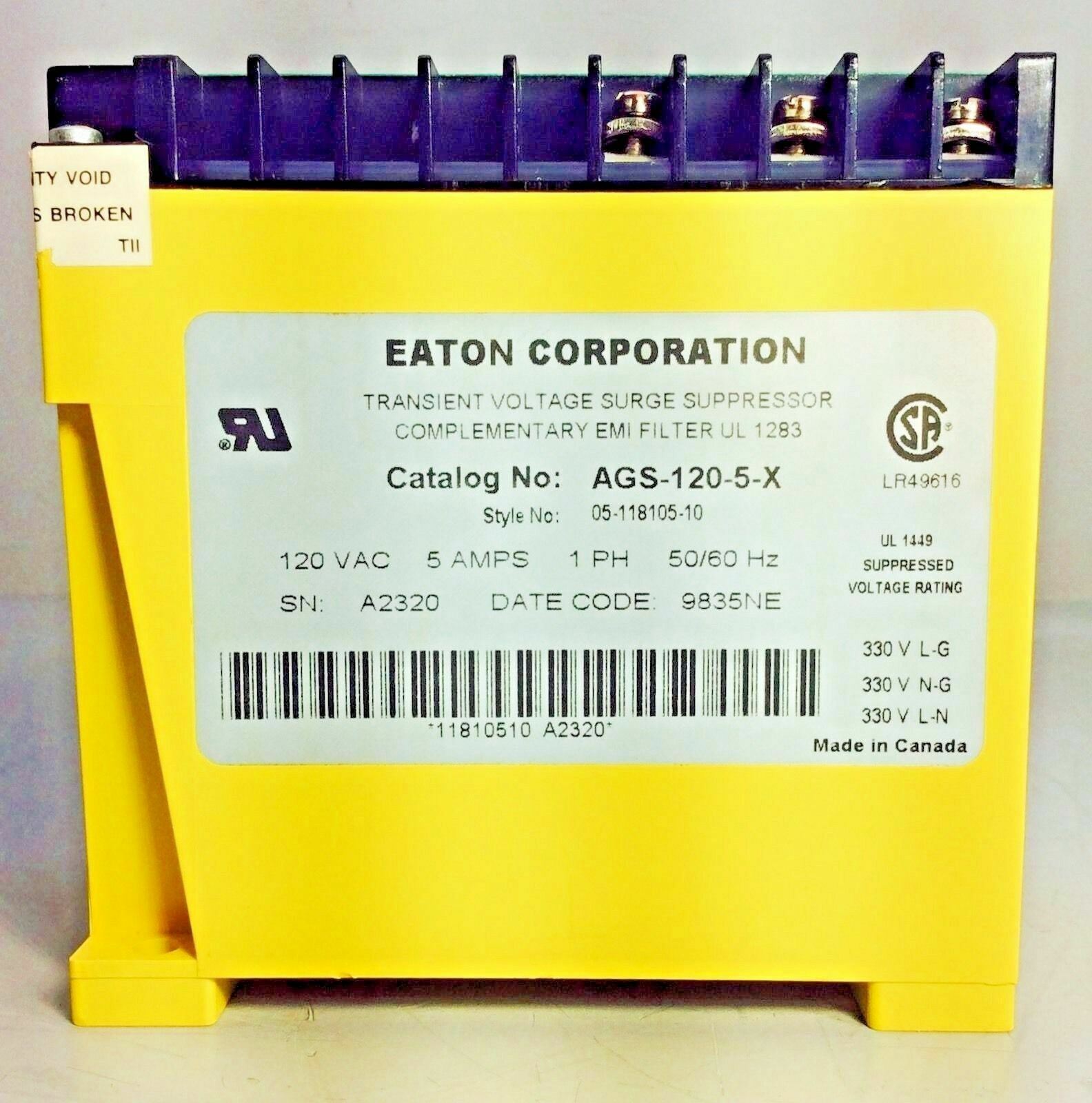 Eaton AGS-120-5-X Transient Voltage Surge Suppressor , AEGIS Noise ...