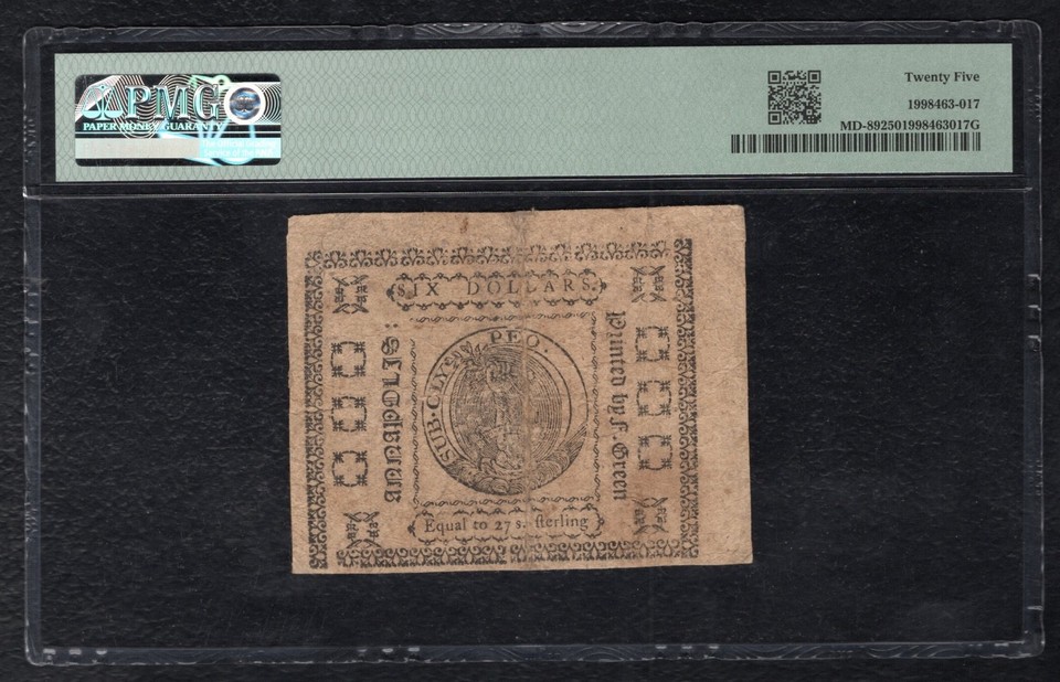 MD-89 DECEMBER 7, 1775 $6 SIX DOLLARS MARYLAND COLONIAL NOTE PMG VERY ...