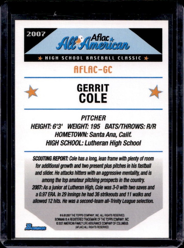 2012 Bowman Gerrit Cole AFLAC All American Classic Auto #/225 | eBay
