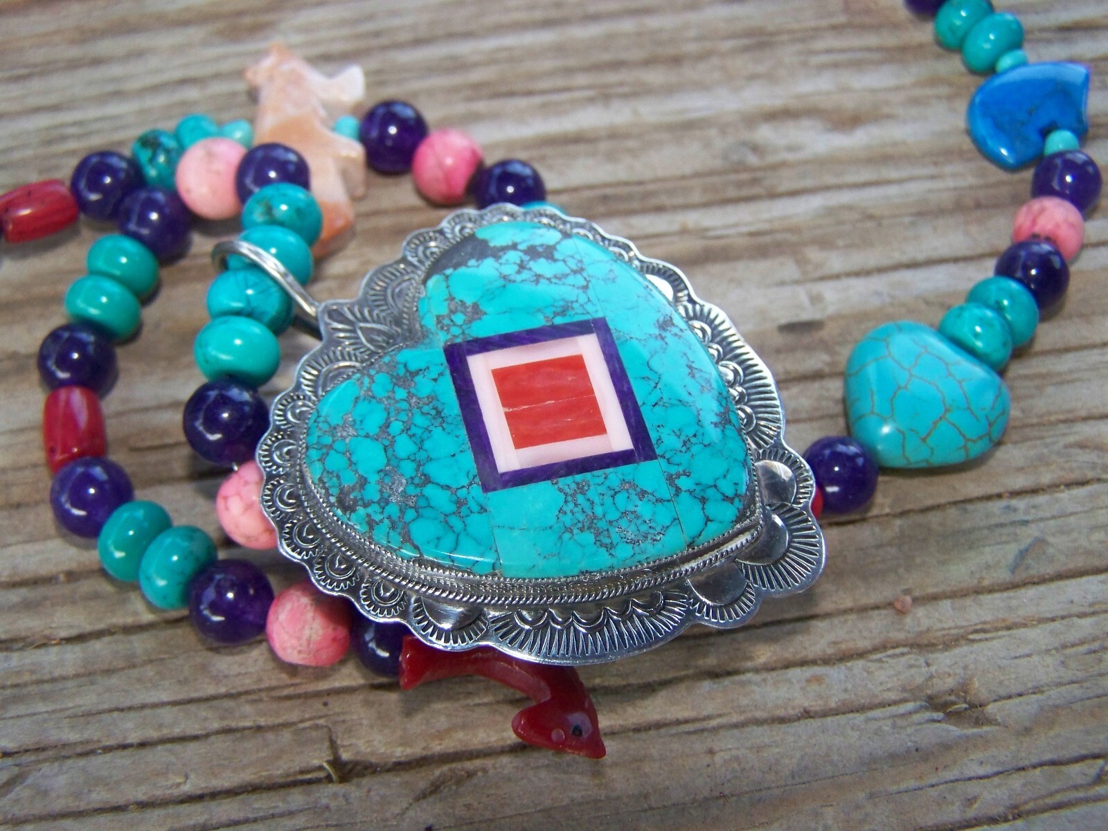 RARE VTG BENNY ALDRICH Reversible Double Inlay Turquoise Sugilite Heart ...