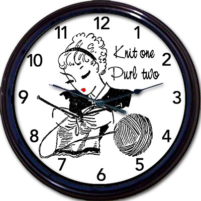 Knitting Wall Clock Knitting Needle Yarn Vintage Lady Knit One Purl Two ...