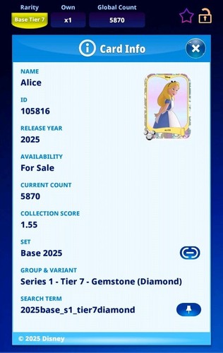 ALICE - BASE 2025 - DIAMOND - TIER 7 - TOPPS DISNEY COLLECT DIGITAL | eBay