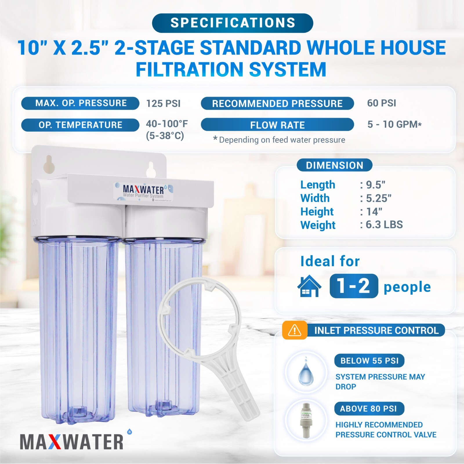 Two Stage Whole House Water Filter System 10"x 2.5", 3/4" Port, WITHOUT ...