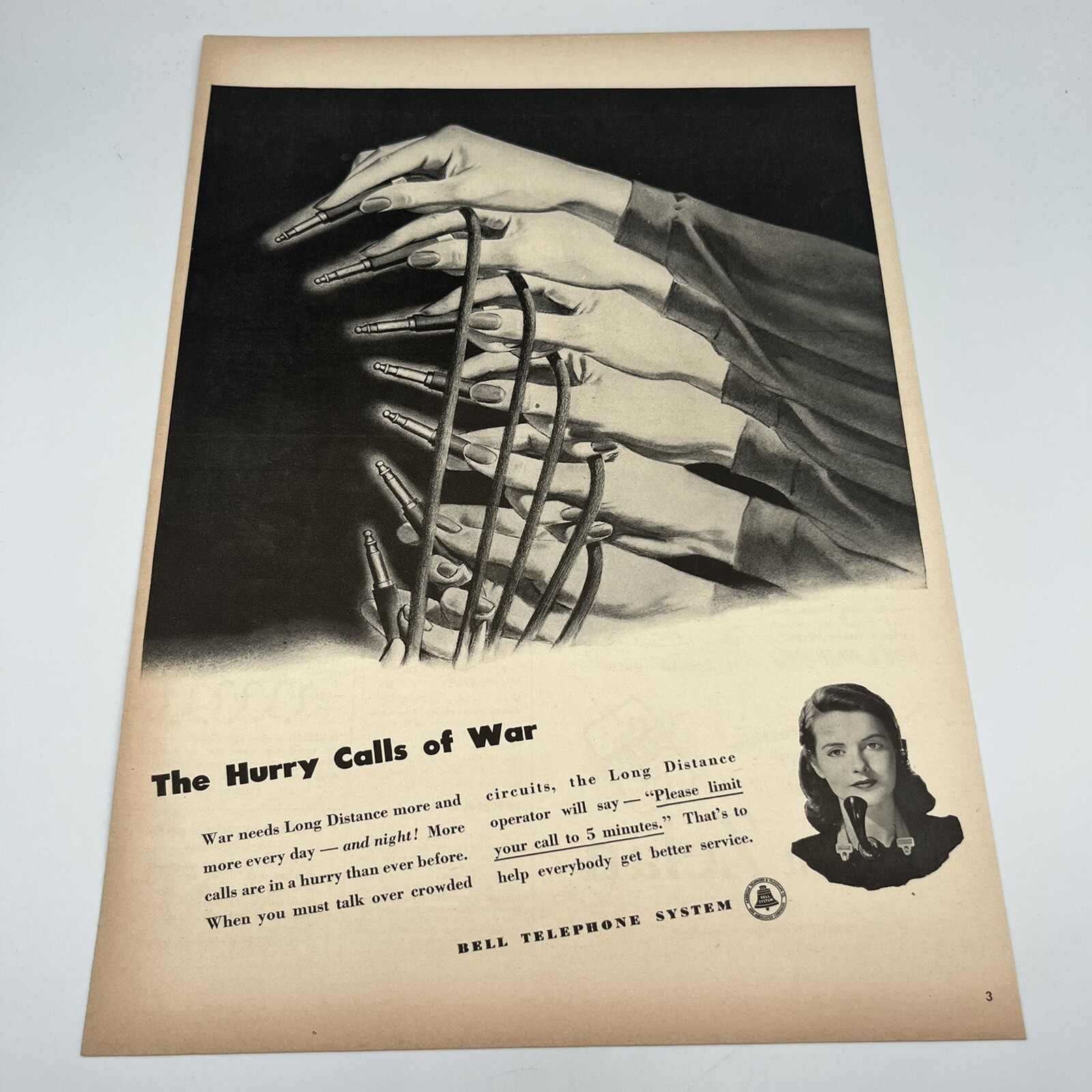 1944 Bell Telephone System Print Ad 10"x14" please limit calls to 5 ...