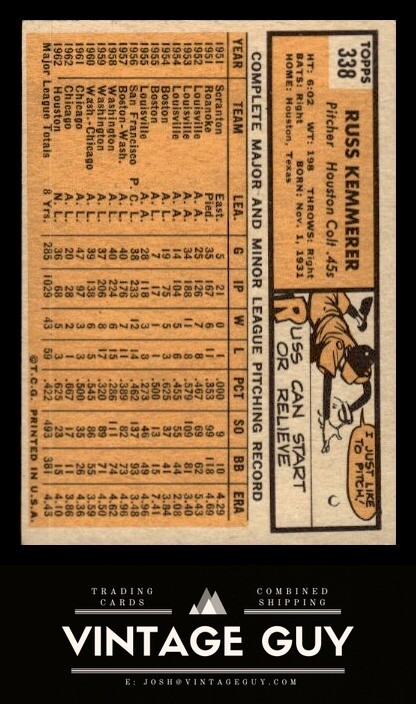 1963 Topps #338 Russ Kemmerer Vintage Houston Colt .45s Baseball Card ...