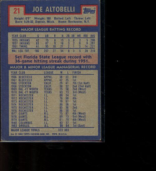 1984 Topps #21 Joe Altobelli Baltimore Orioles Signed Autograph (AK13 ...