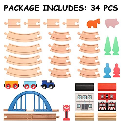 SainSmart Jr. Wooden Train Set 34pcs Figure 8 for Toddlers with Train ...