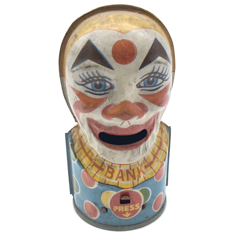 Antique J Chein - Tin Litho - Clown Bank Toy, Watch The Tongue Works | eBay