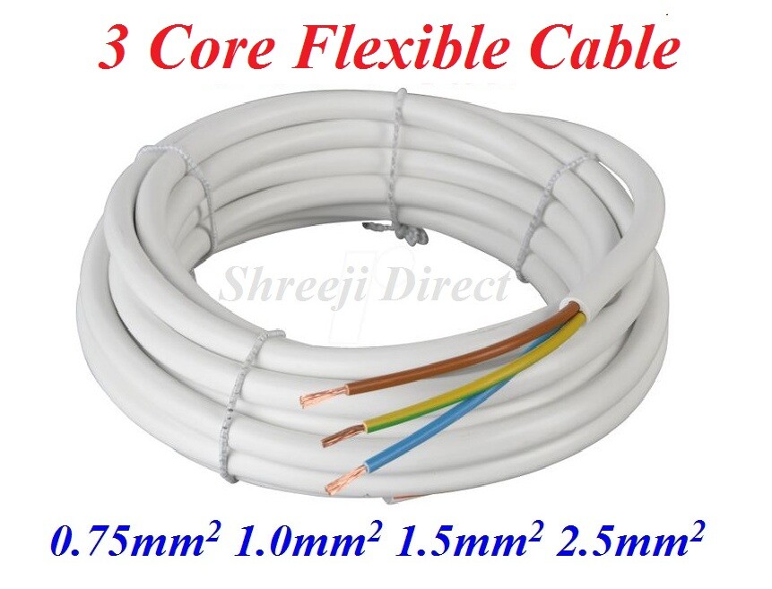 White 3 Core Flex 0.5mm 0.75mm 1.0mm 1.5mm 2.5mm Mains Wire Cable ...