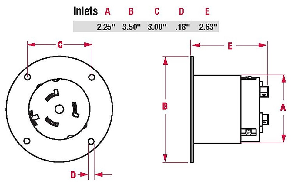 50 Amp 125/250 Volt CS6375 4-Prong Locking Male Plug Inlet Assembly by ...